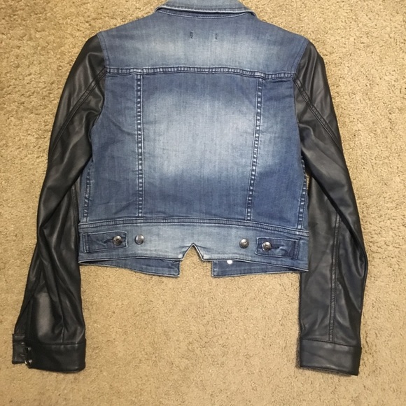 bebe | Jackets & Coats | Bebe Denim Jacket With Faux Leather Sleeves ...